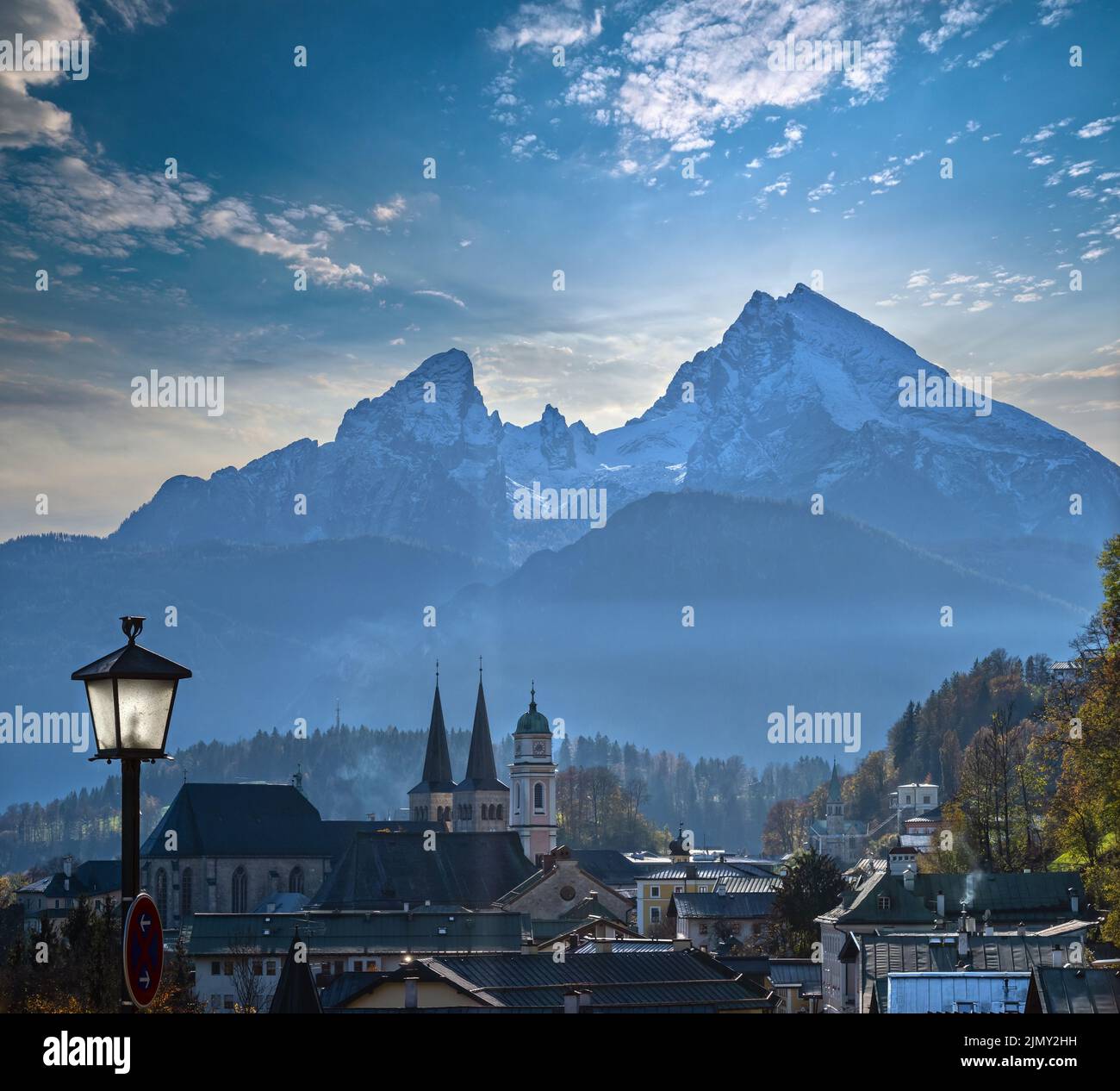 Autumn hazy evening famous Bavarian prealps Berchtesgaden town and ...