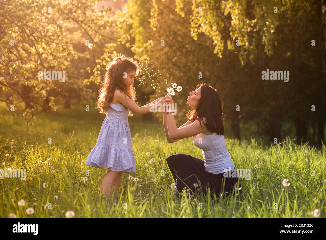 Mother daughter blowing dandelion flower park Stock Photo - Alamy