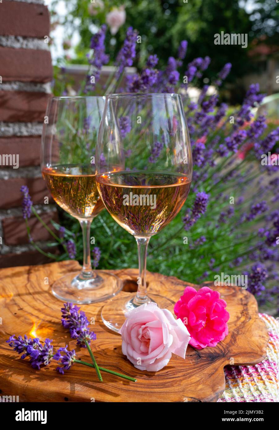 French rose wine from Provence, two glasses of wine with purple ...