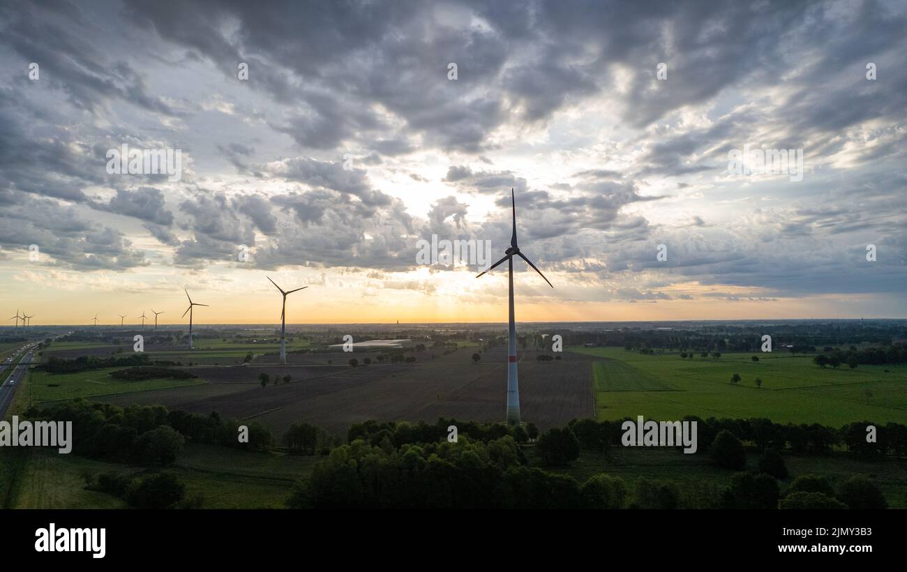 Brecht, Belgium, 16th of may, 2022, Panoramic aerial drone view of wind ...