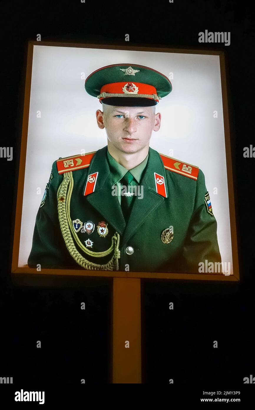 Berlin Germany, 2014. Illuminated photograph of a Soviet soldier at ...