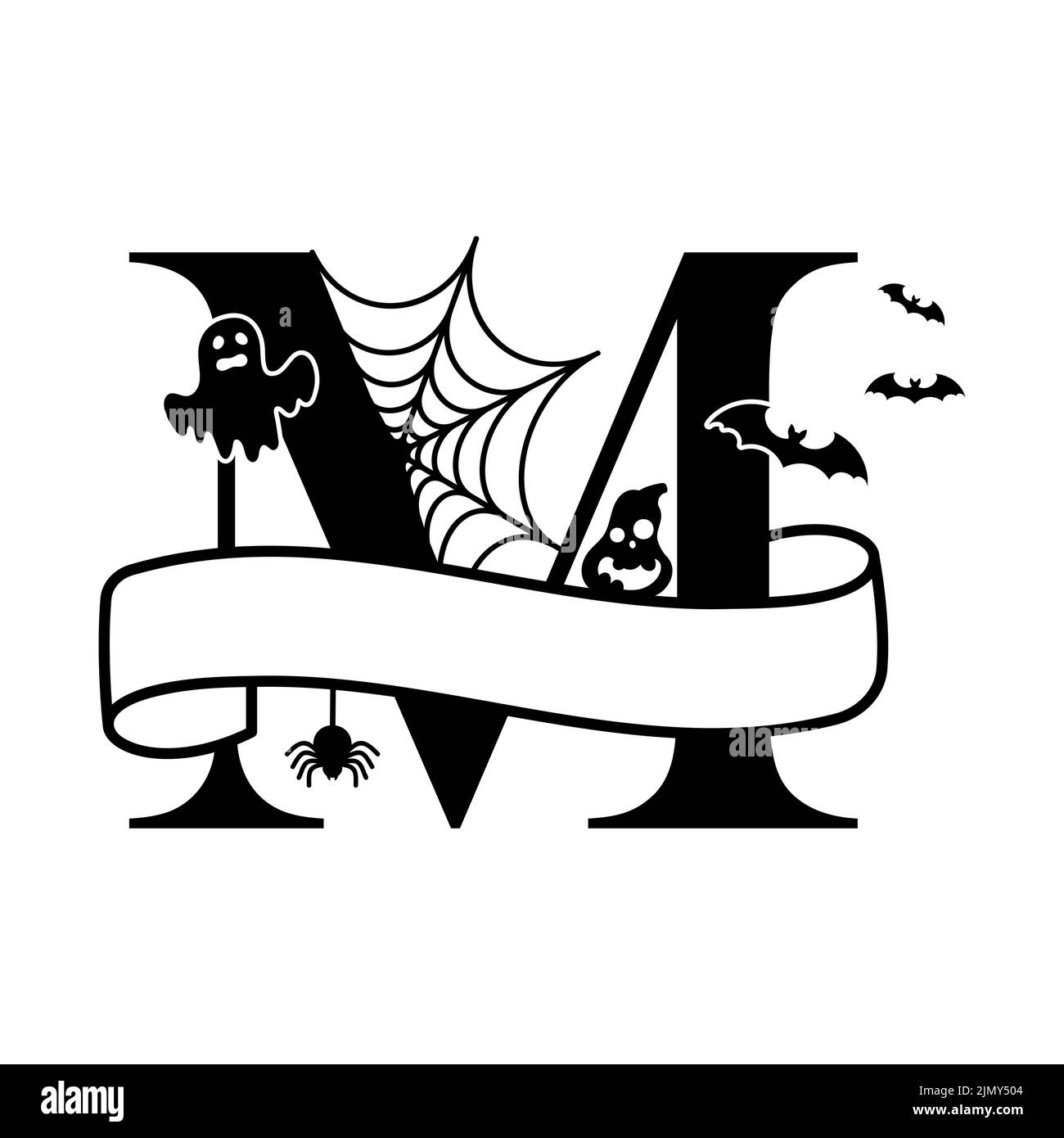 Cute Halloween letter M split monogram. Cartoon ghost, pumpkin, bat for ...