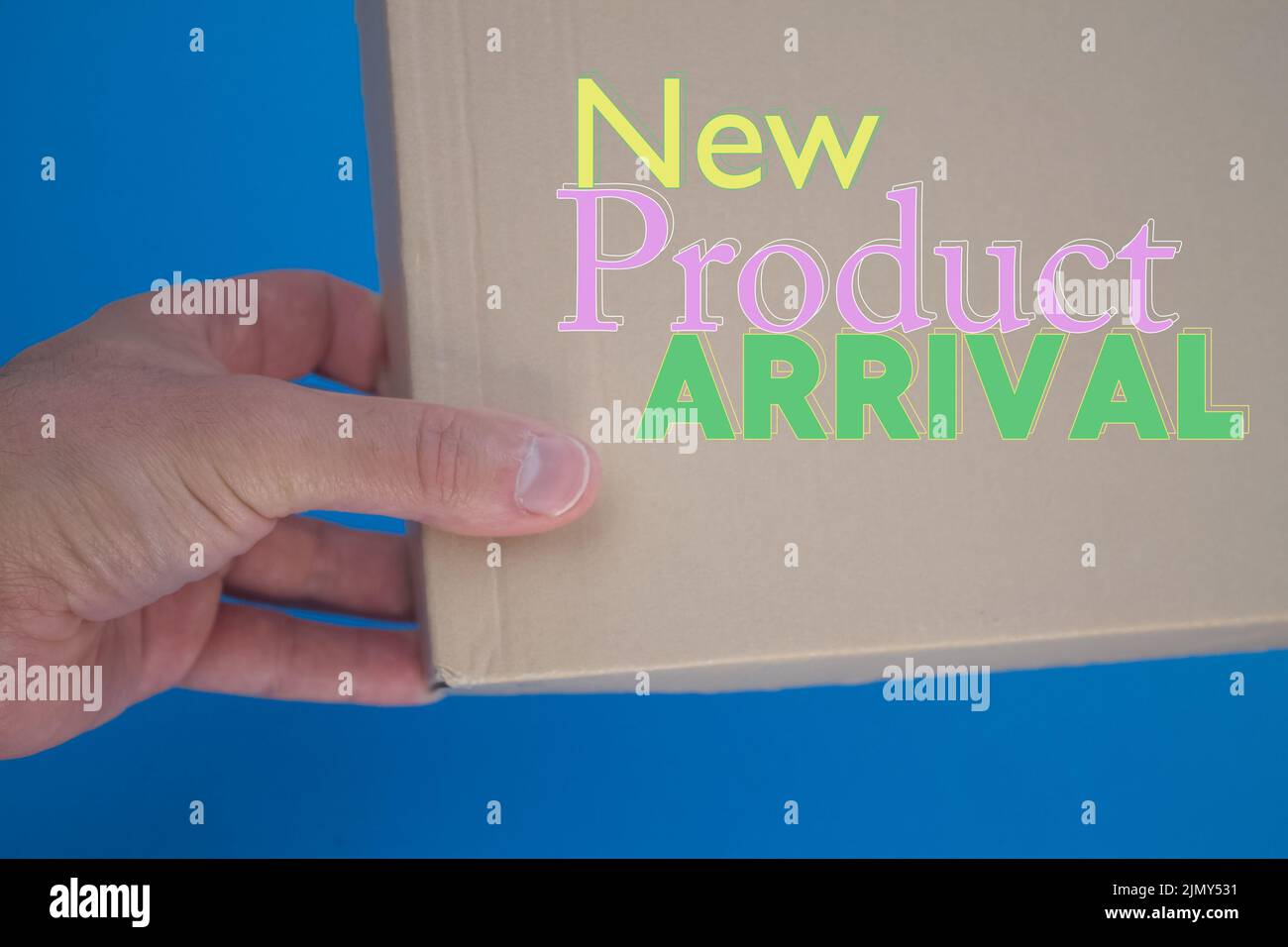 New Product Arrival word with cardboard box. Brown folded cardbox Stock ...