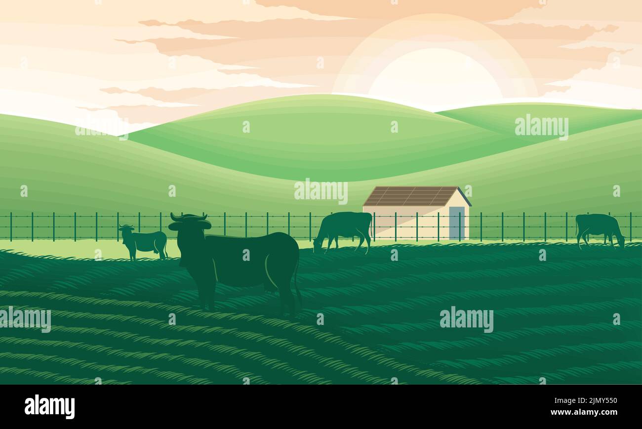 rural landscape with cows scene Stock Vector Image & Art - Alamy