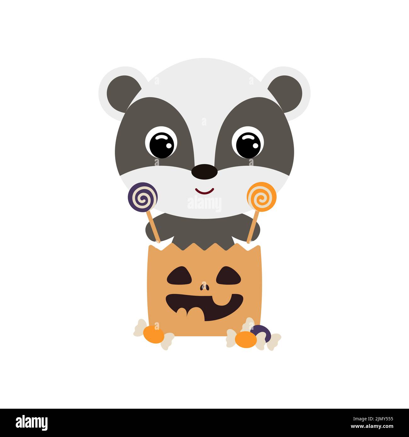 Cute Halloween badger sitting in a trick or treat bag with candies ...