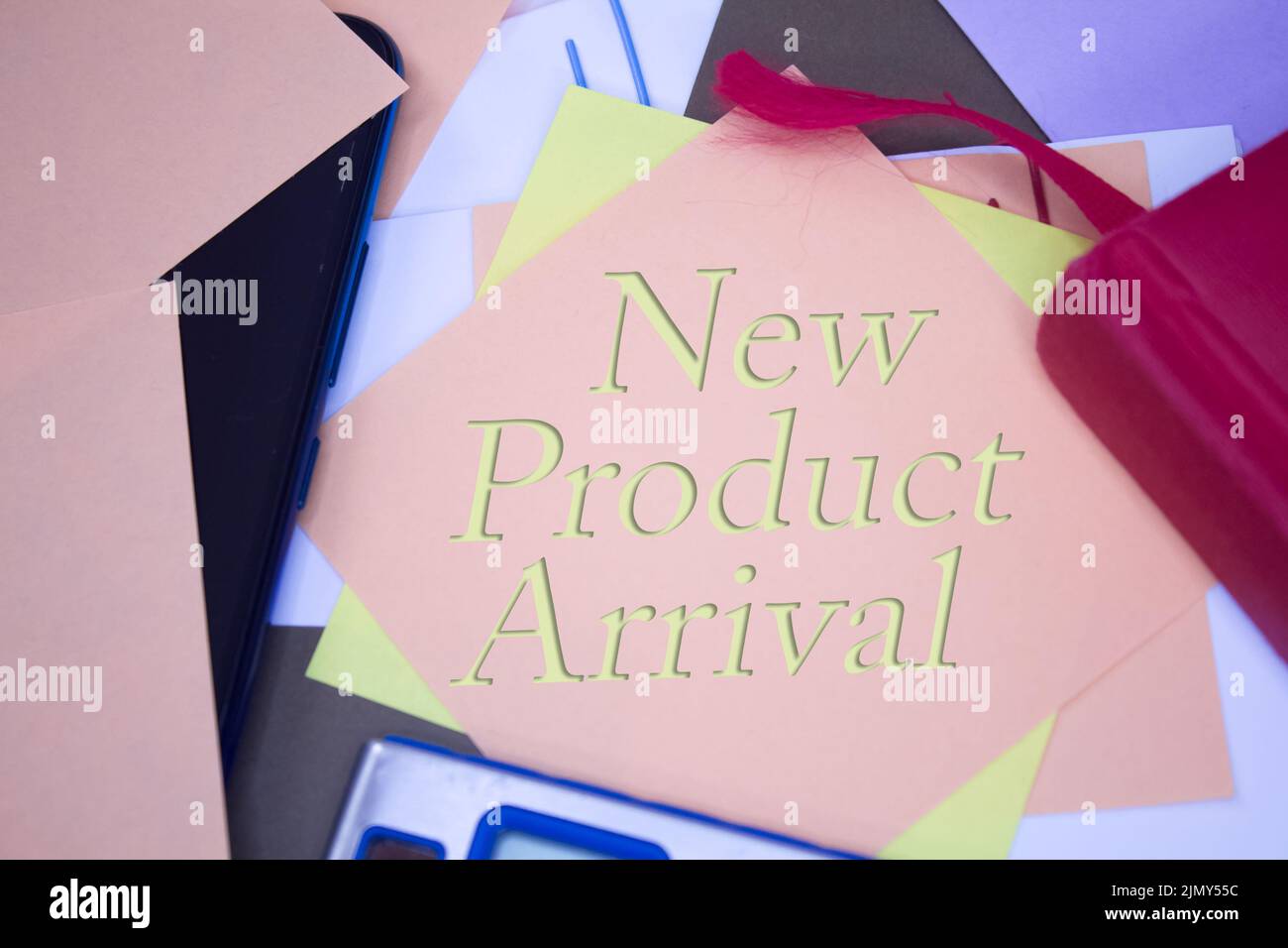 New Product Arrival. Text on adhesive note paper. Event, celebration ...