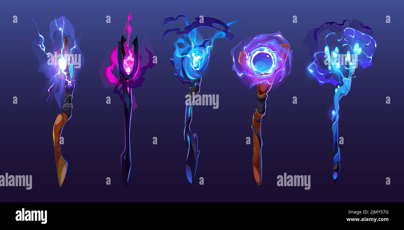 Magic staves with vfx of spells, wizard or magician scepters isolated ...