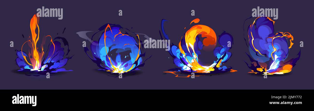 Magic explosion, bomb boom game effect. Blue and orange fire blast with ...