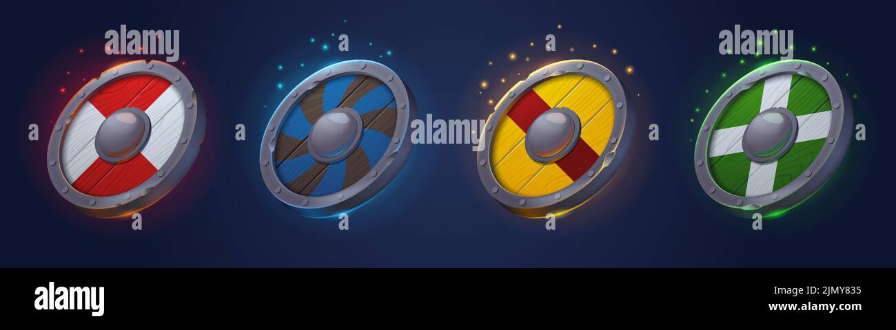 Medieval round shields icons for game design. Vector cartoon set of ...