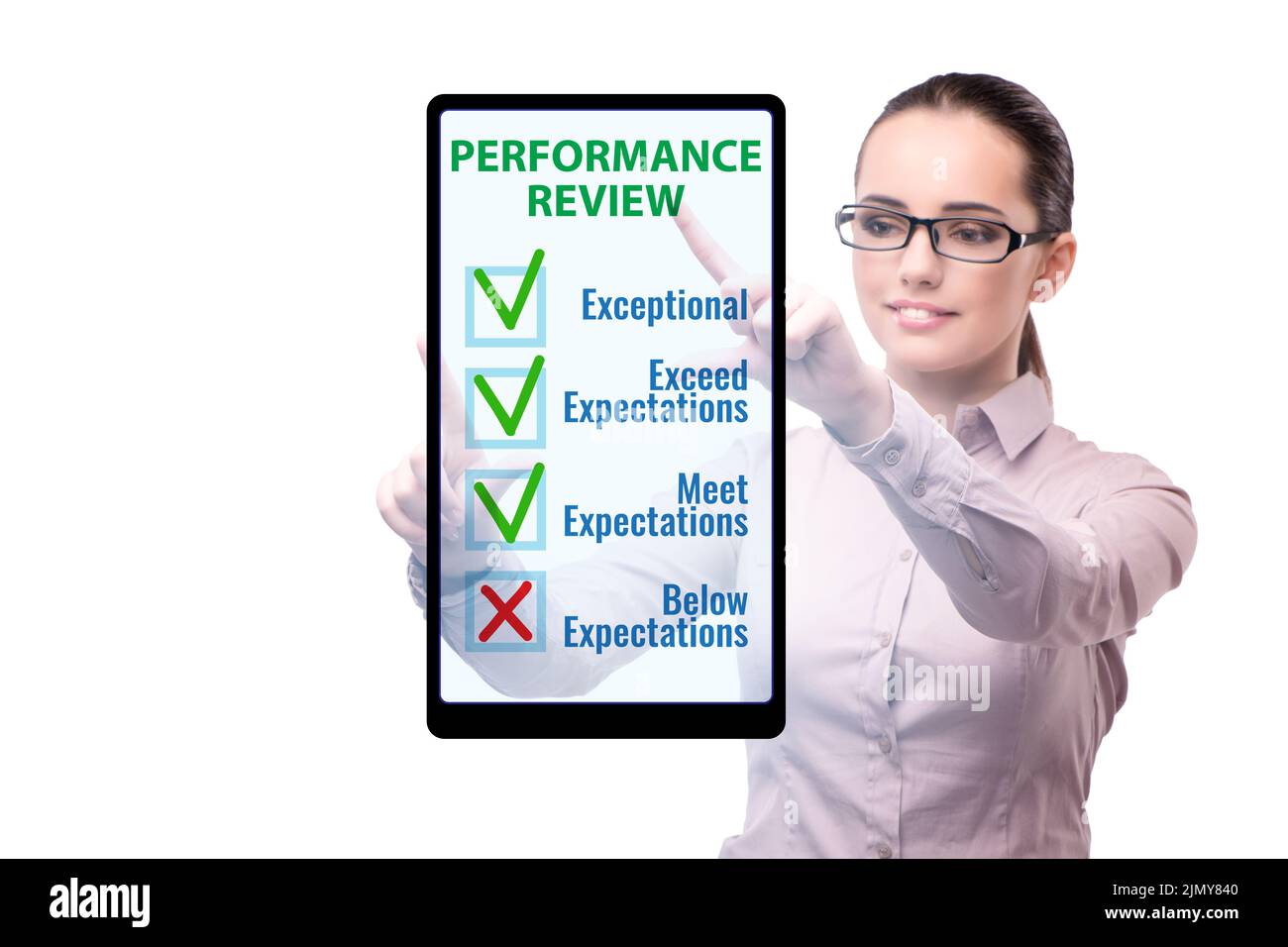 Annual performance review concept with businesswoman Stock Photo - Alamy