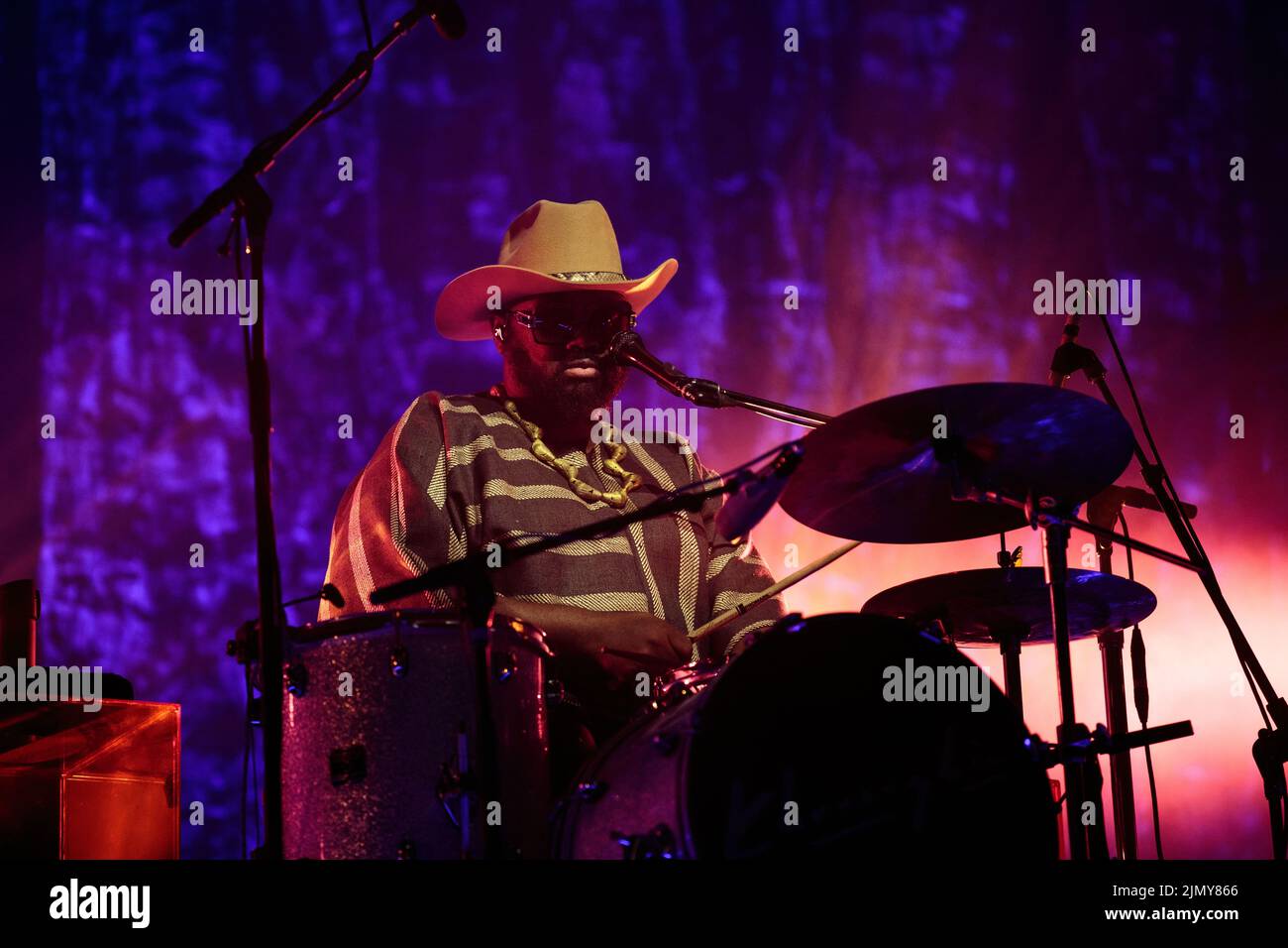 Drummer Donald "DJ" Johnson Jr. of Khruangbin performing on stage Stock ...
