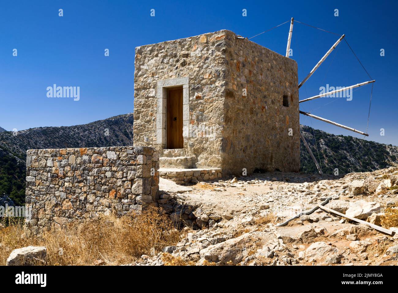 Windmills of the Lasithi plateaus at Crete island - Greece Stock Photo ...