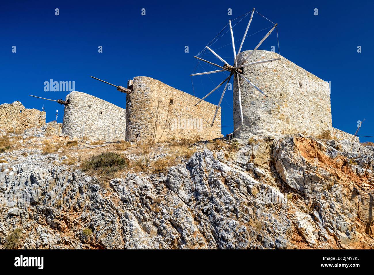 Windmills of the Lasithi plateaus at Crete island - Greece Stock Photo ...