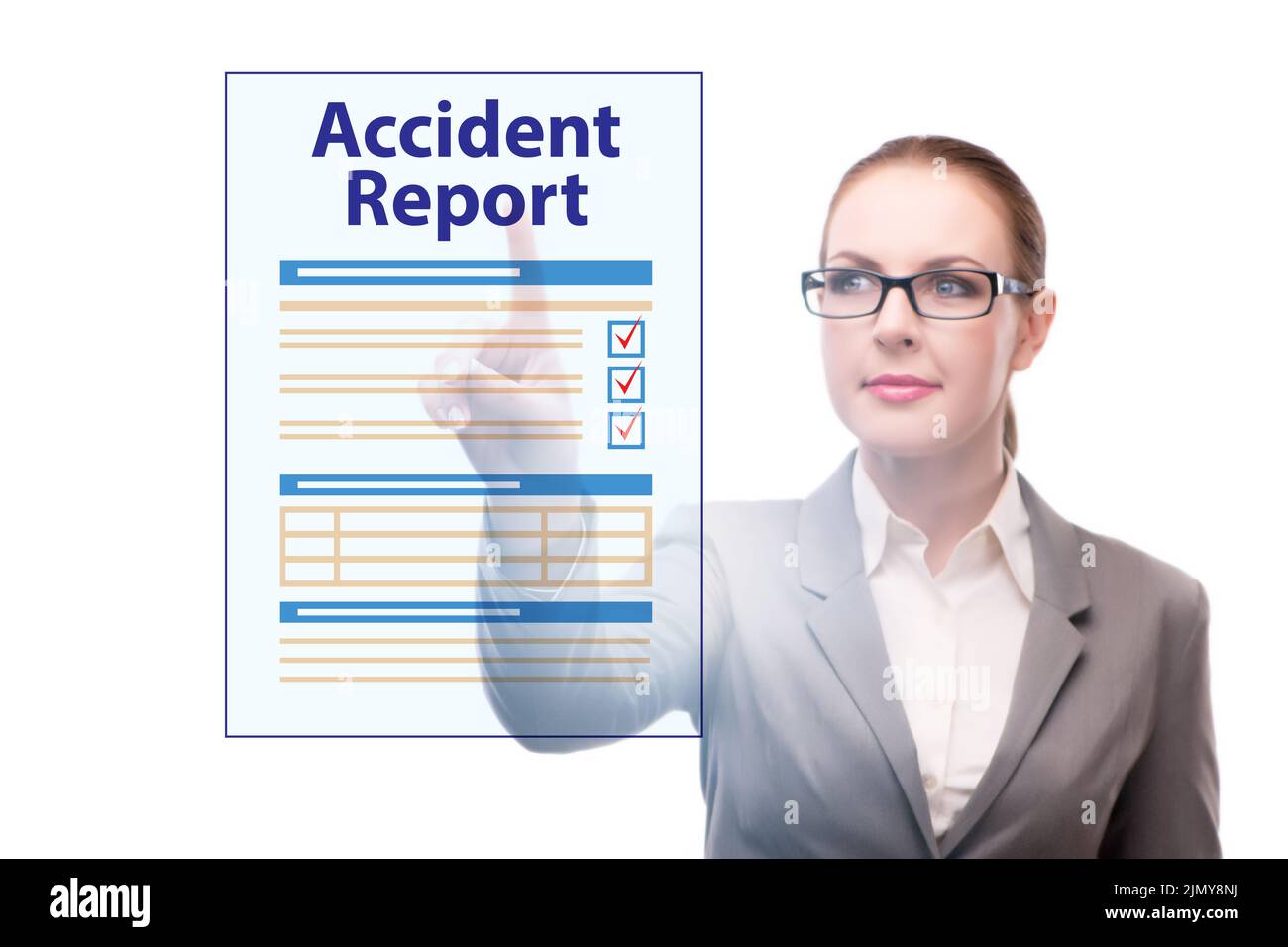 Businesswoman pressing buttons on virtual accident report Stock Photo ...