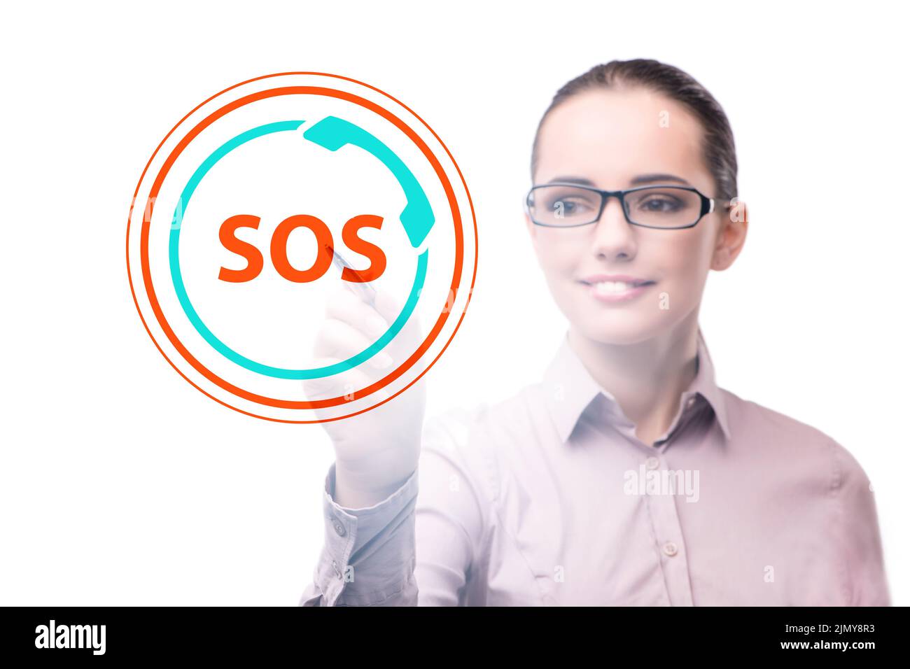Businesswoman pressing SOS button in case of danger Stock Photo - Alamy