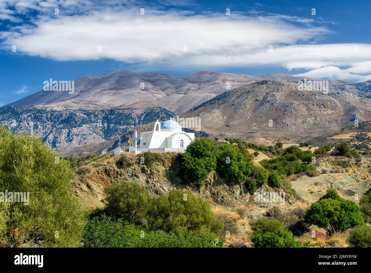 White chapel and mountains at background at Crete island, Greece Stock ...