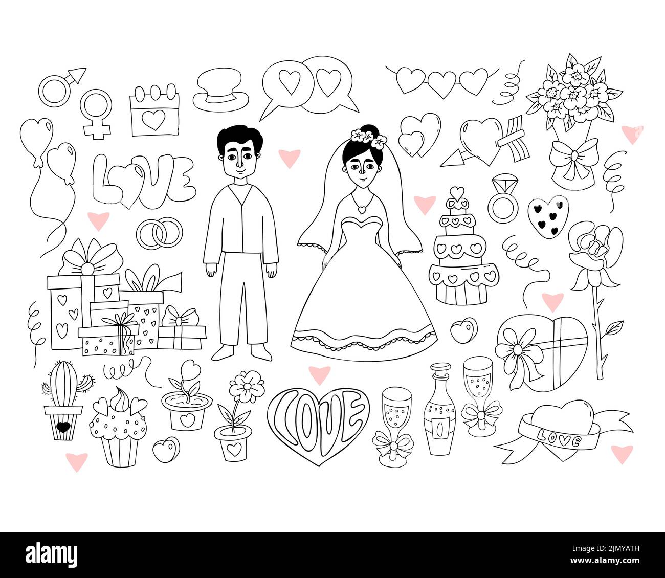 Wedding doodle set. Newlyweds, bride in wedding dress and groom, gifts ...