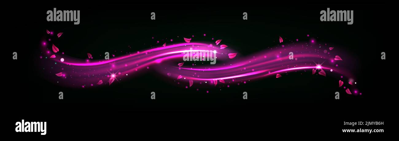 Purple light wave with sparks and leaves. Magic glow effect with star ...