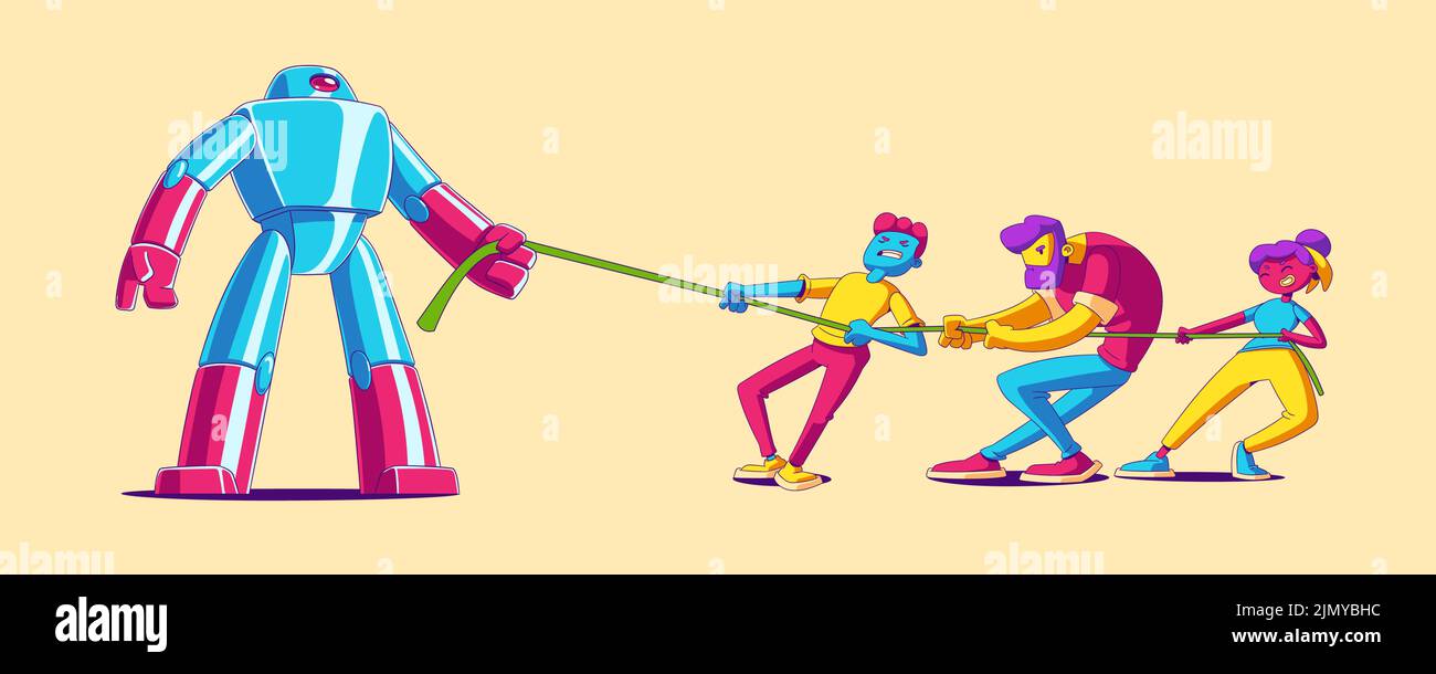 Office people team tug of war battle with robot. Contemporary ...