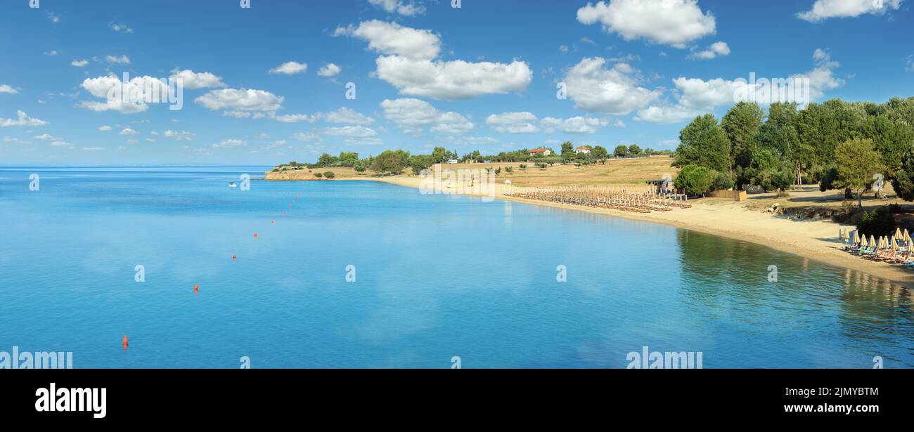 Morning sandy Kastri beach summer top view (Nikiti, Sithonia, Halkidiki ...