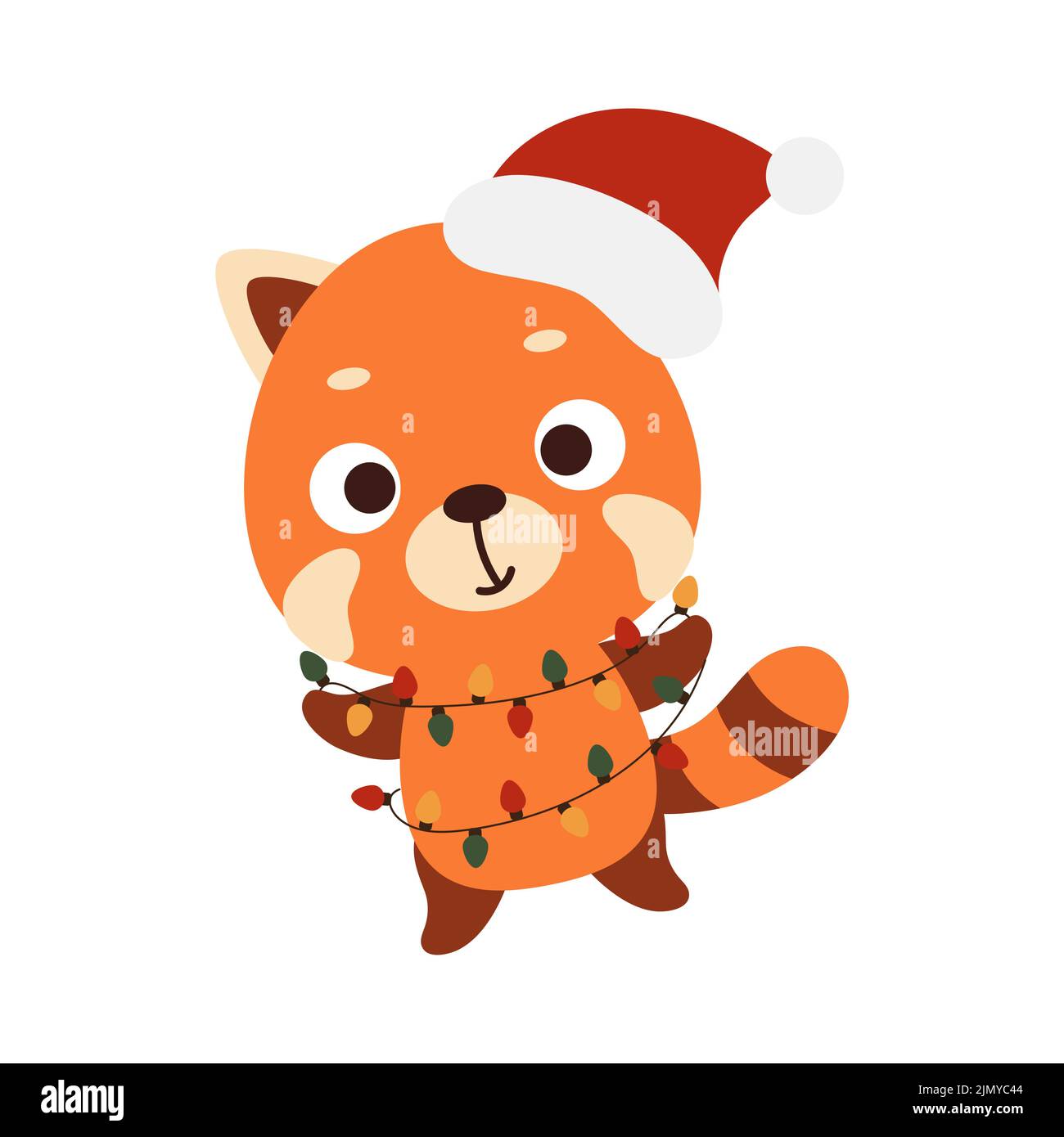 Cute Christmas red panda with garland on white background. Cartoon ...