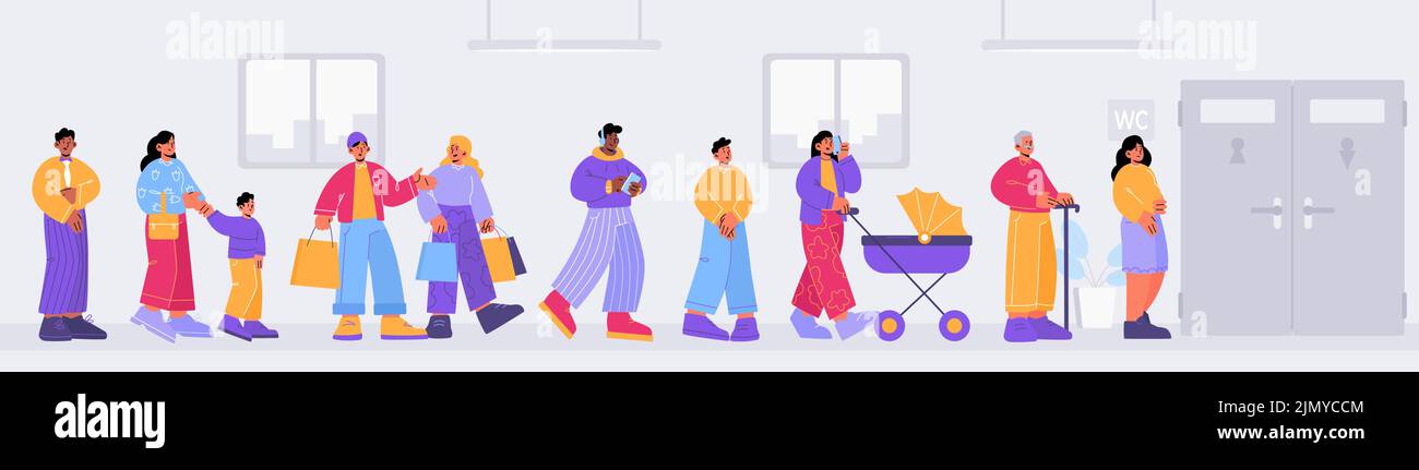 People standing in queue to public toilet, flat characters. Men, women ...
