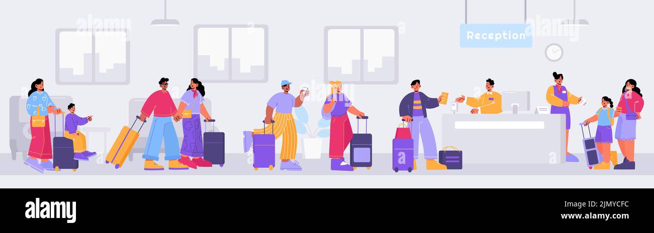 People queue at hotel reception, receptionist character stand behind of ...