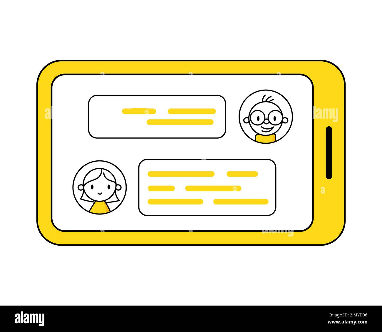 Mobile phone with messages on a screen. Speech bubble with avatars ...