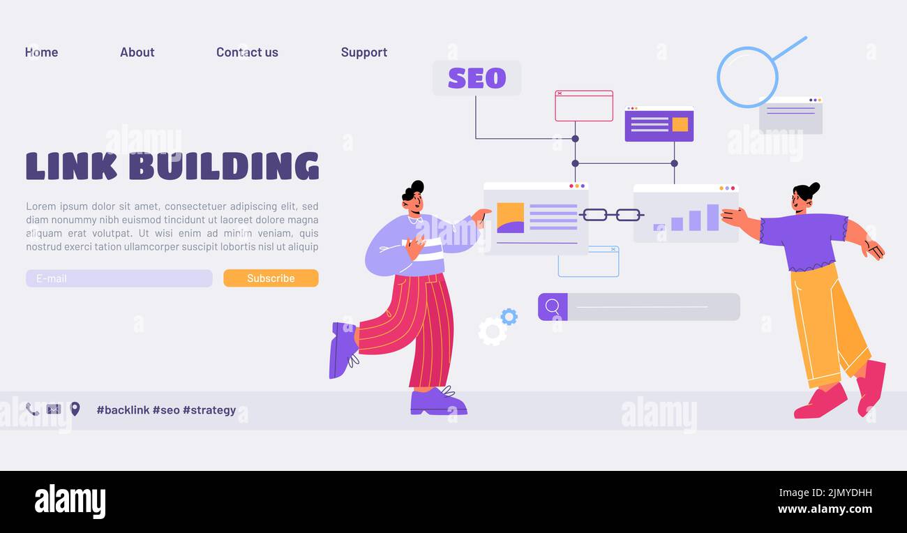 Link building landing page. Characters use search engine optimization ...
