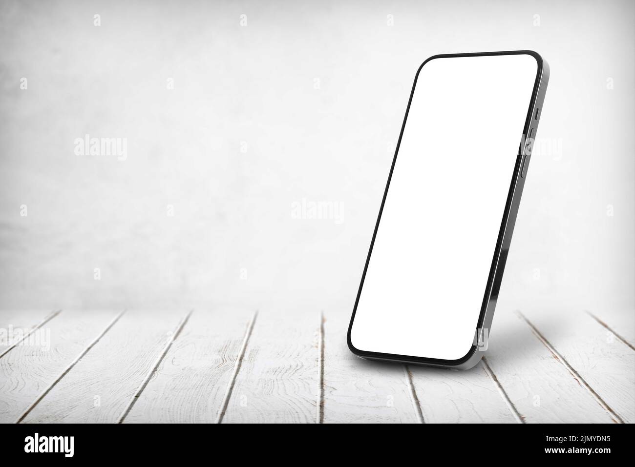Minimalistic phone mockup on wooden tabletop with white wall Stock ...
