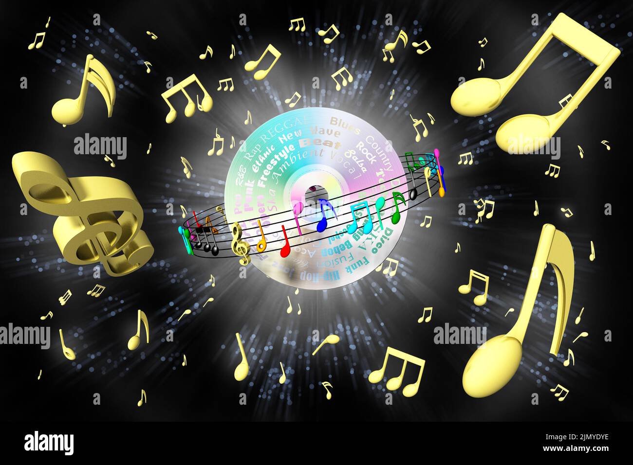 3D illustration. Musical pentagram revolves around compact discs. In ...