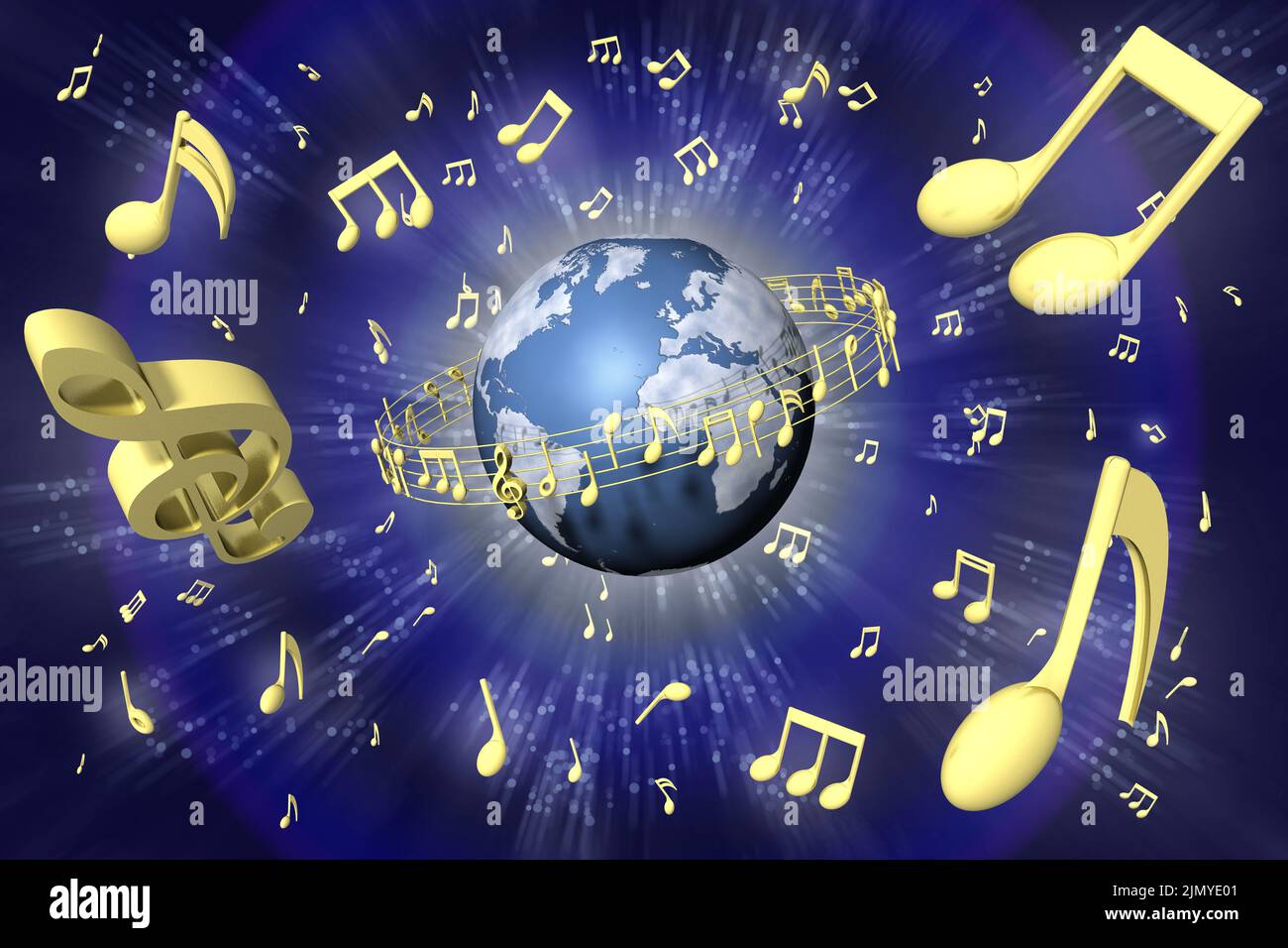 3D illustration. Musical pentagram revolves around the world. In the ...