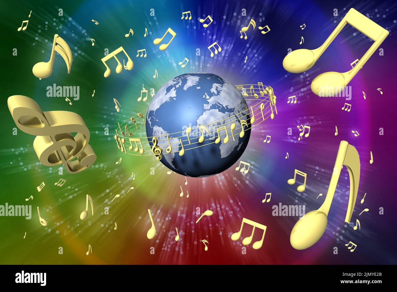 3D illustration. Musical pentagram revolves around the world. In the ...