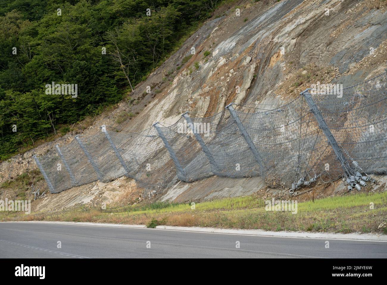 Active robust rockfall barrier system with wire mesh along the road ...