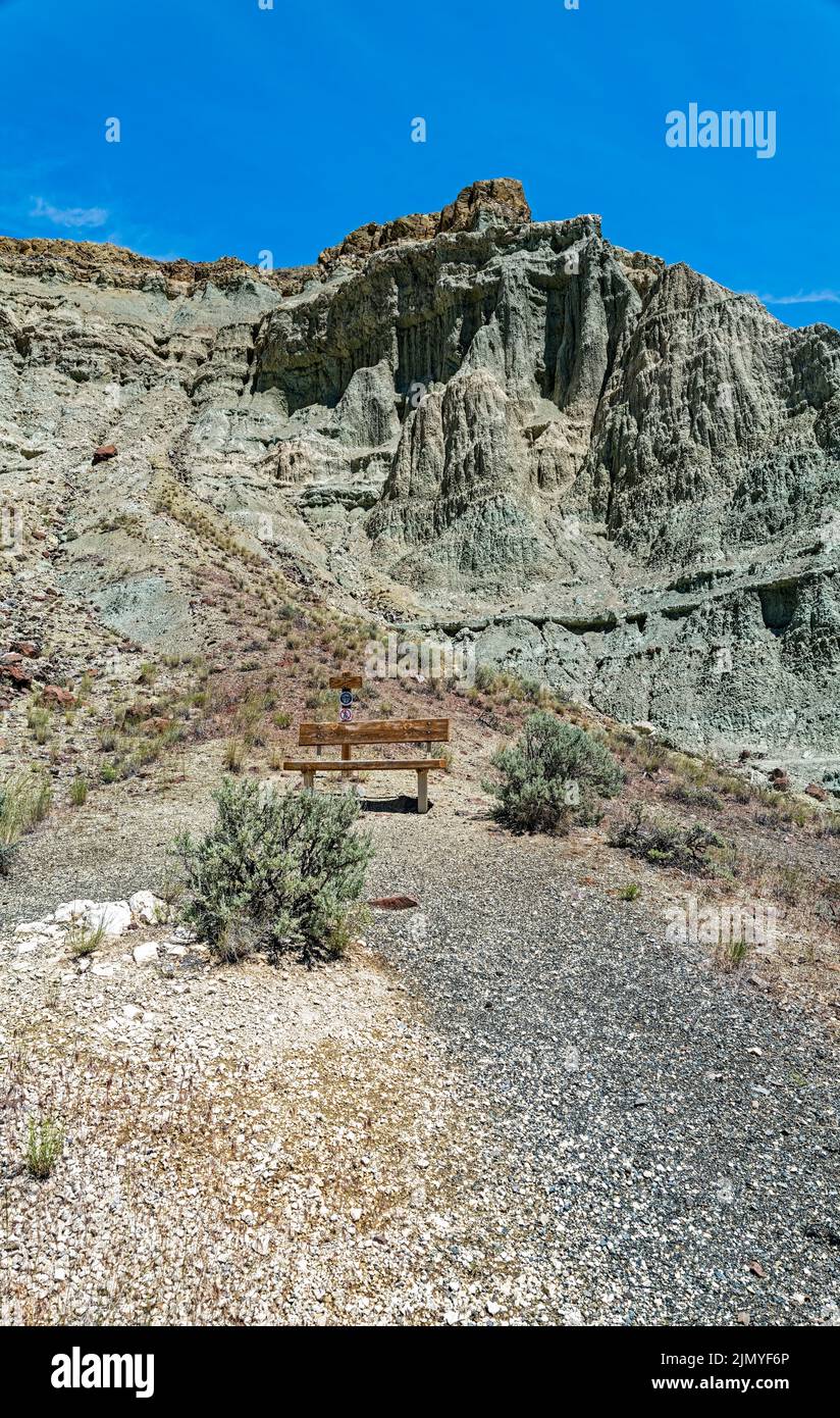 Park bench at the end of the hiking trail at the Sheep Rock Unit of the ...