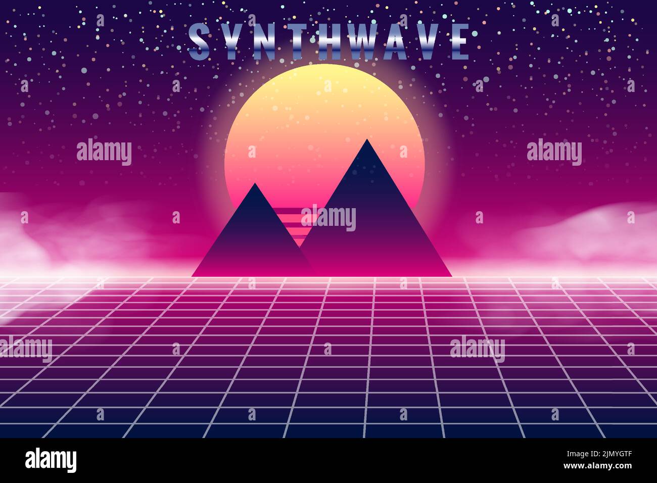 Synthwave retro banner vaporwave aesthetic background. Pyramids grid 3d ...
