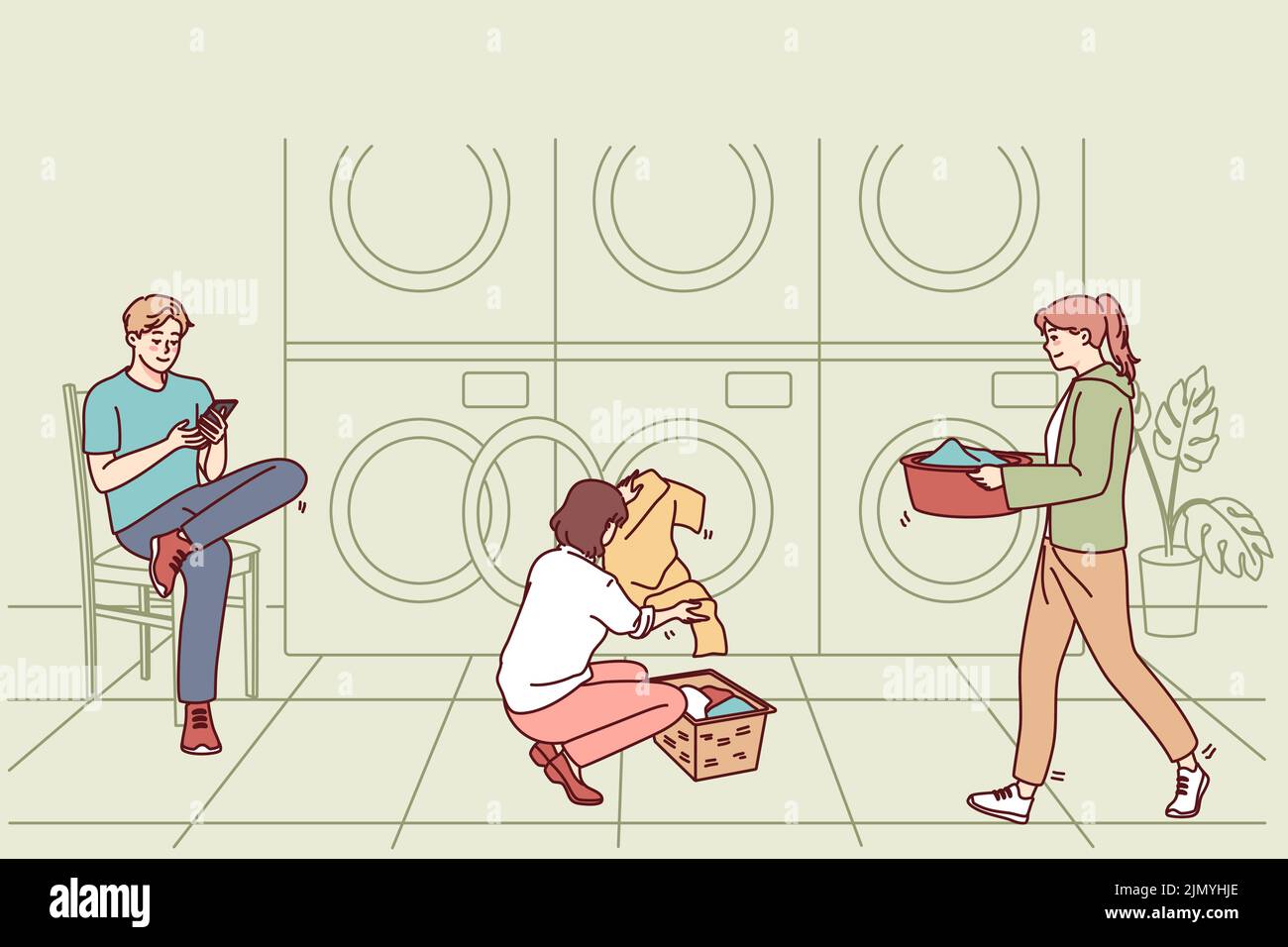 People washing clothes in public laundry. Men and women clean clothing ...