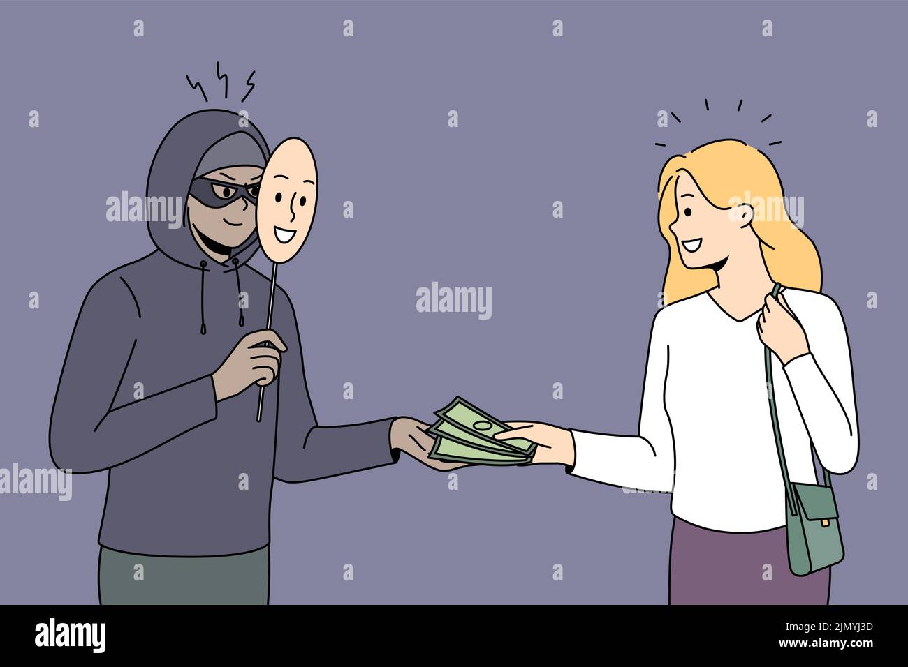 Woman giving money to male scammer in mask. Female pass cash to ...