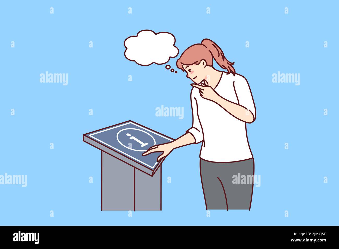 Woman looking at information board thinking. Girl consult info table in ...