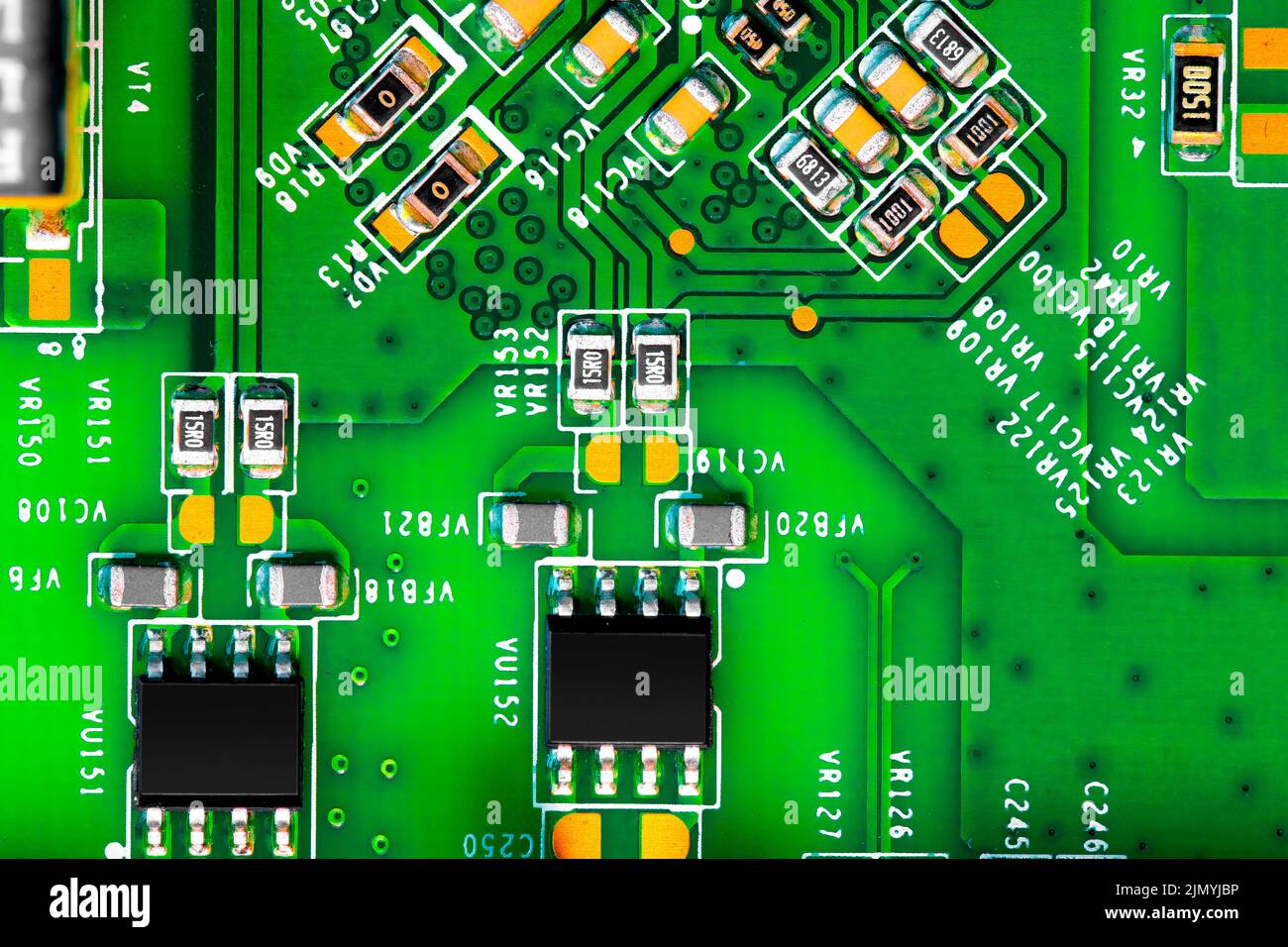 Macro Close up of components and microchips on PC circuit board Stock ...