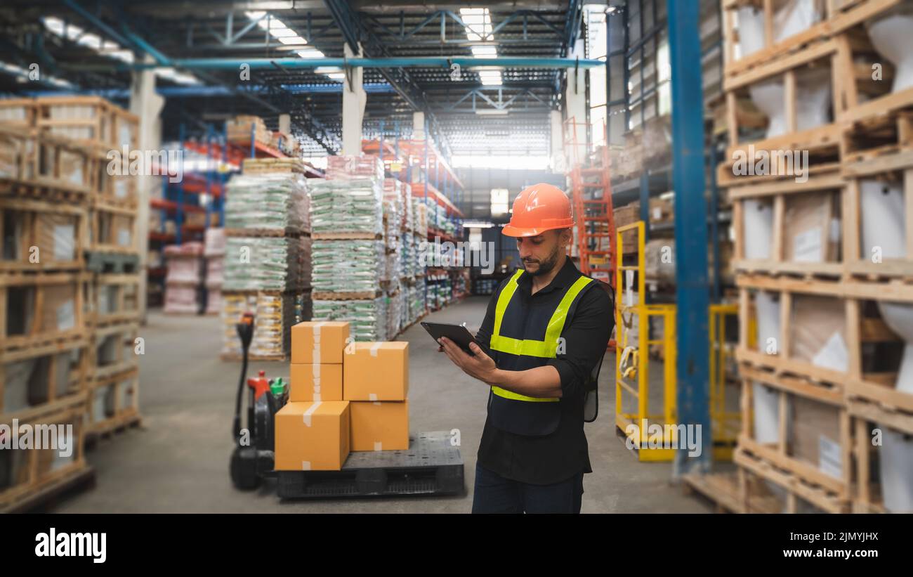 Man portrait happy professional warehouse worker check box stock good ...