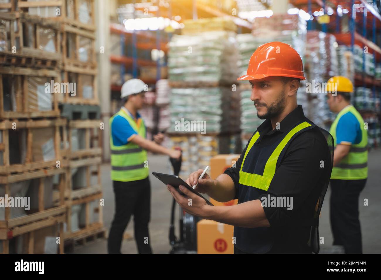 Man portrait happy professional warehouse worker check box stock good ...