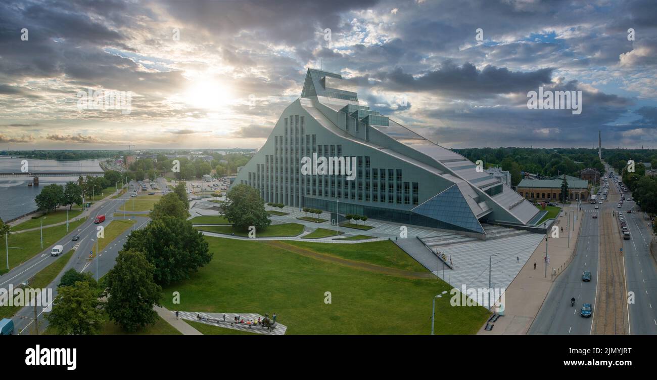 Aerial view of the National Library in Riga. Modern architecture in ...