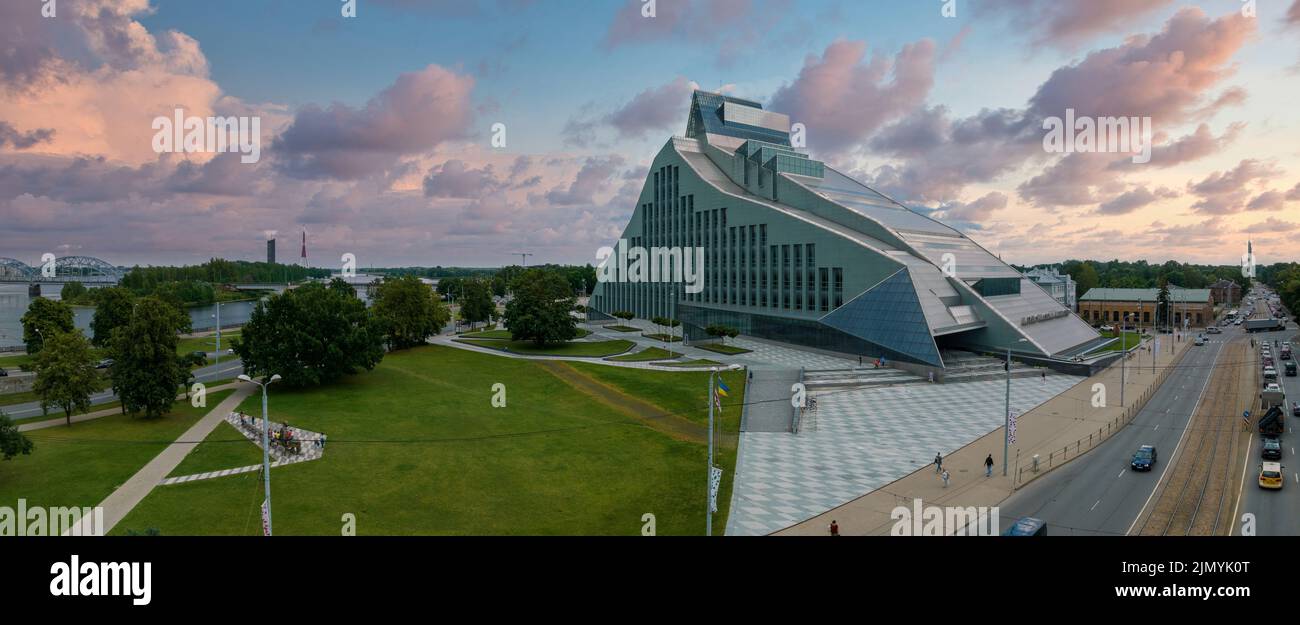 Aerial view of the National Library in Riga. Modern architecture in ...