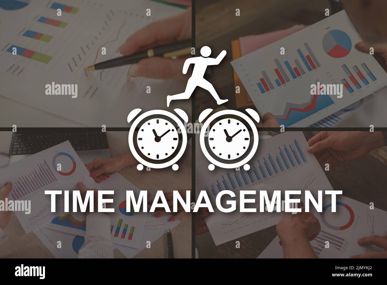 Time management concept illustrated by pictures on background Stock ...