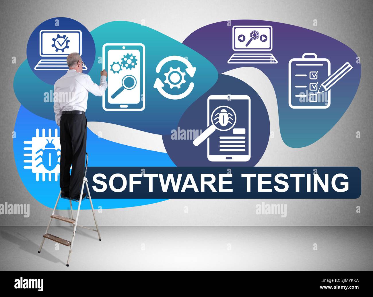 Man on a ladder drawing software testing concept on a wall Stock Photo ...