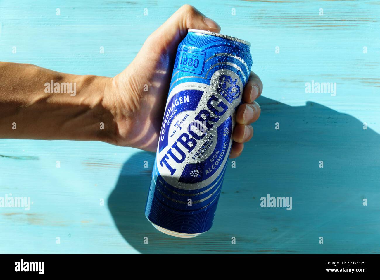 Tyumen, Russia-August 02, 2022: Tuborg beer non alcoholic can. Tuborg ...