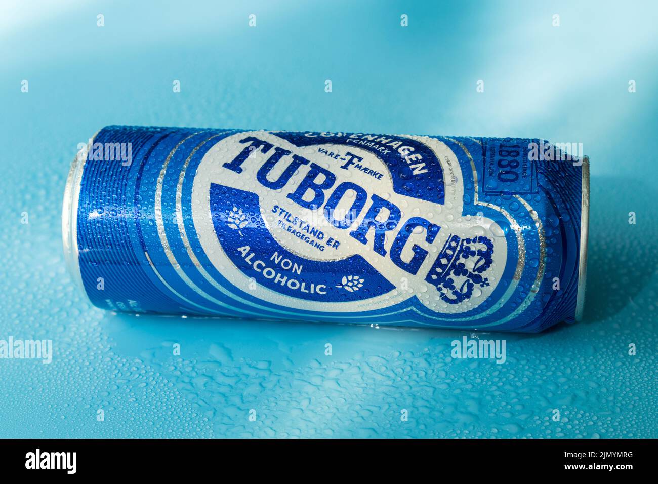 Tyumen, Russia-August 02, 2022: Non alcoholic can of Tuborg beer ...