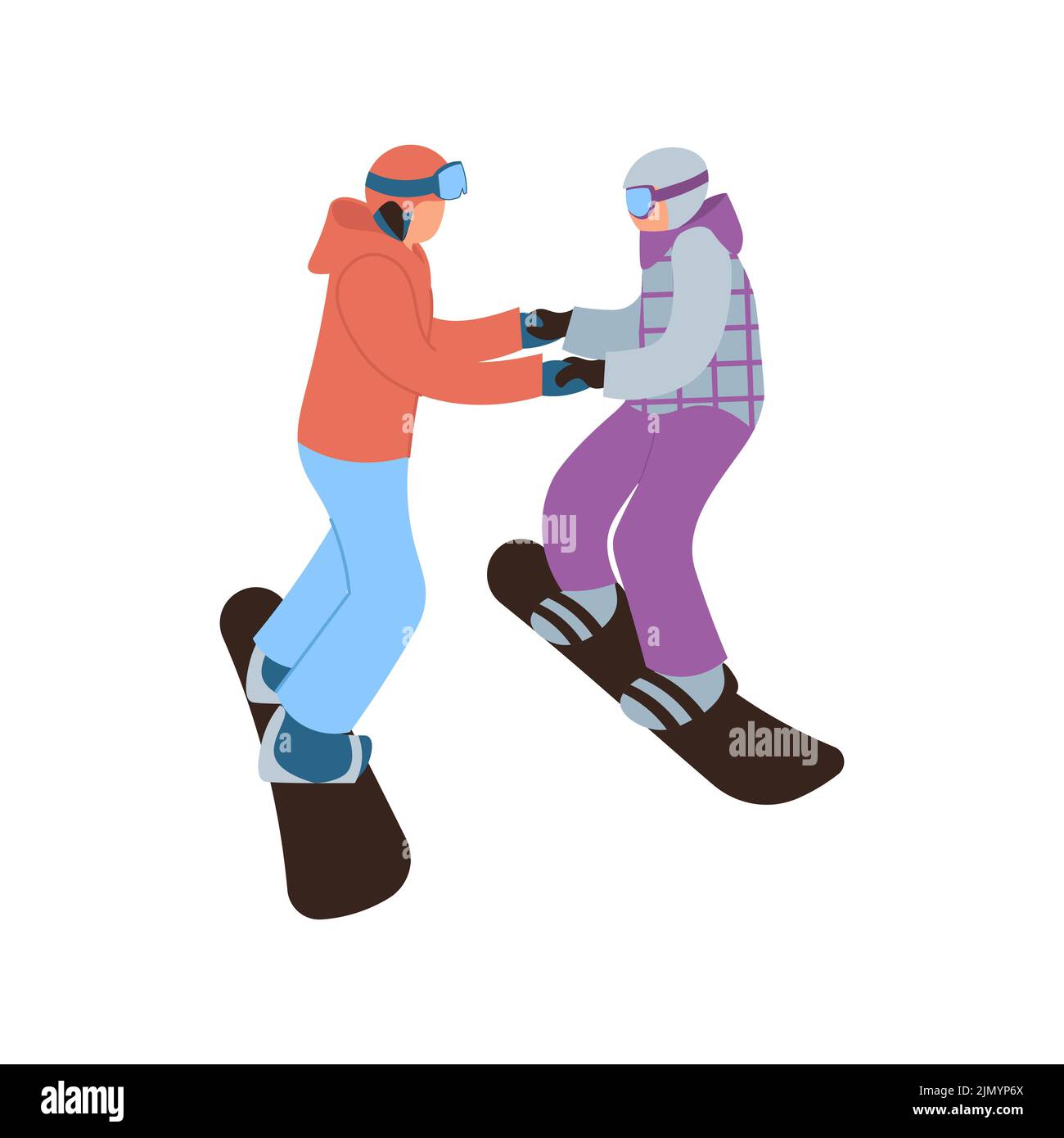 Snowboarder with coach in training to learn to ride isolated on white ...