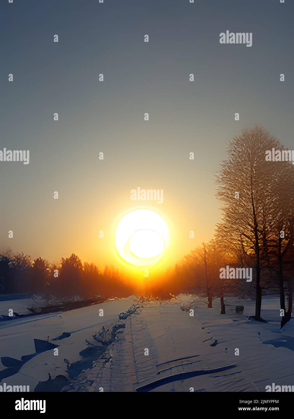 sunset with snow and dark background Stock Photo - Alamy